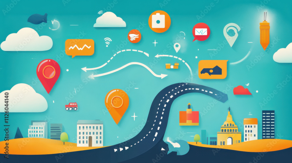 Roadmap infographic with multiple milestones and a winding path, sleek ...