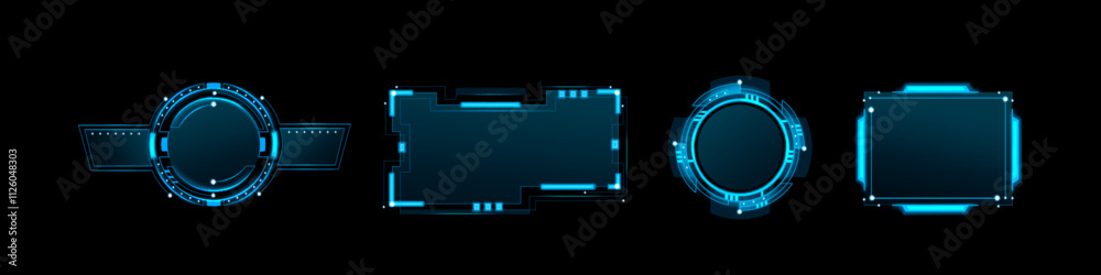 Futuristic tech game ui frames with glowing neon blue line on black ...