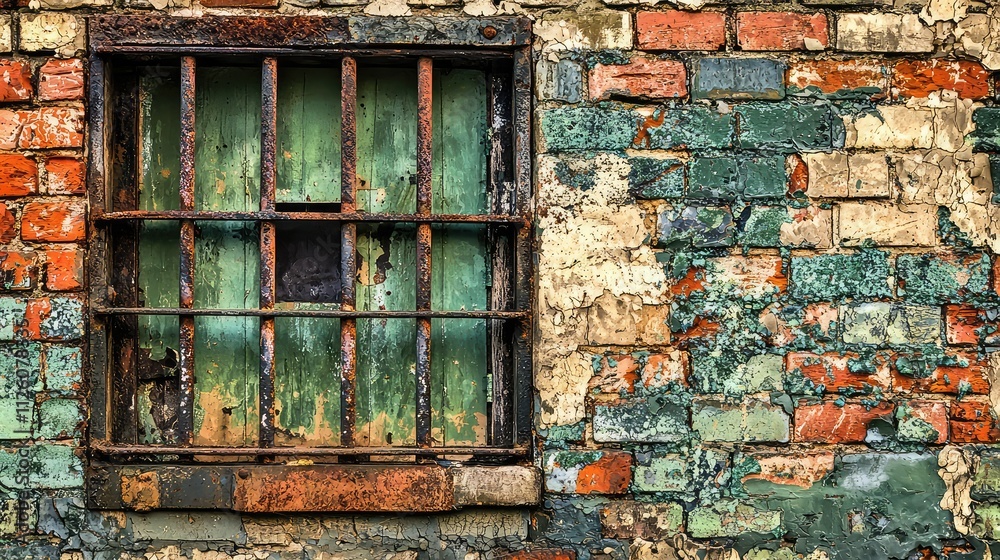 Vintage Brick Wall with a Rusty Grate Window, Highlighting Textures ...