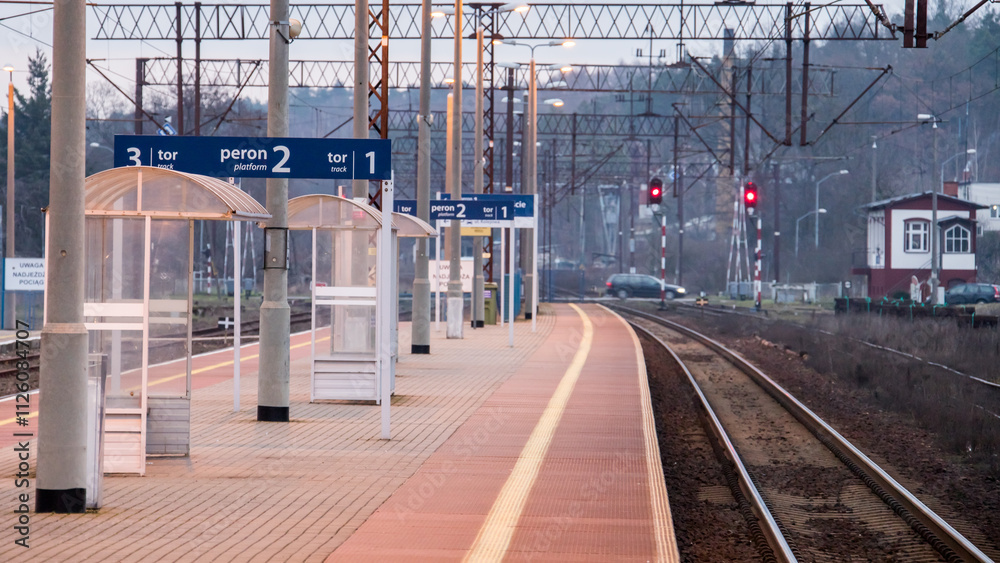 railway station in Poland, platform, track, markings, railway tracks ...