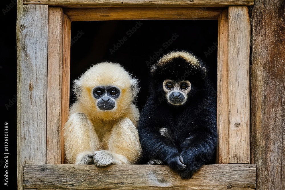 Pair of white-cheeked gibbons sitting in a window structure. One black ...