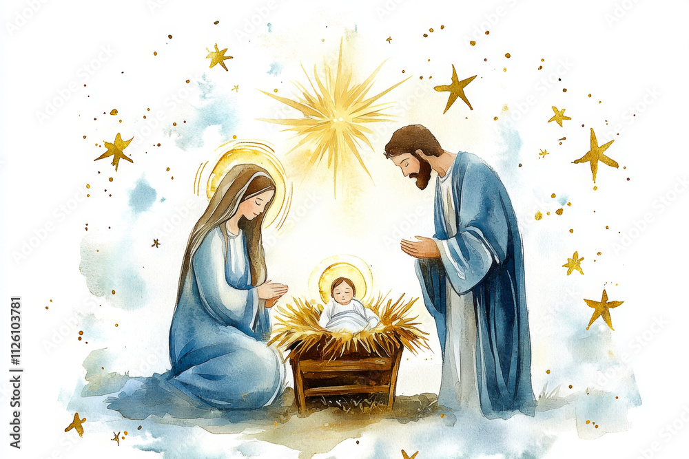 Watercolor depiction of a nativity scene showing Mary, Joseph and baby ...
