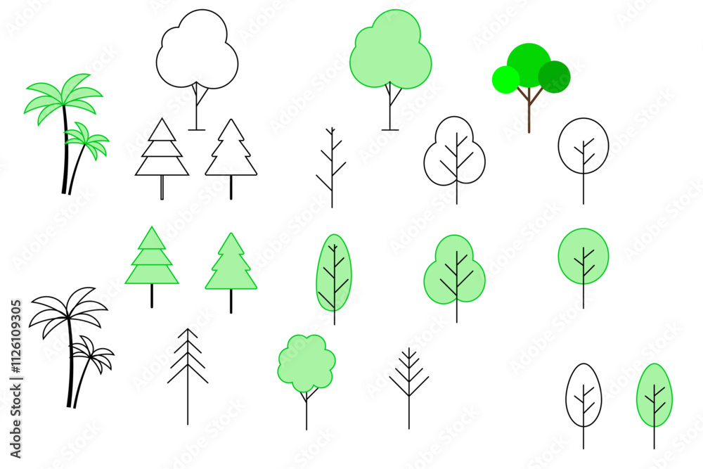 Tree icon set. Silhouette tree line drawing set, Side view, set of ...