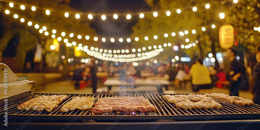 Barbecue grill with lights at night. Barbecue scene with glowing ...