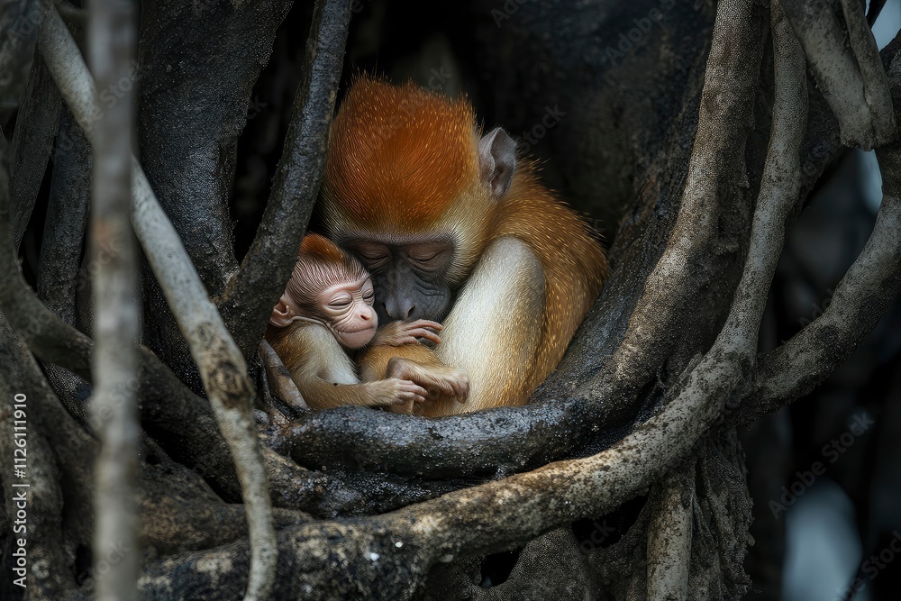 ภาพถ่าย Stock Proboscis monkey baby playing in mangrove tree. Female ...