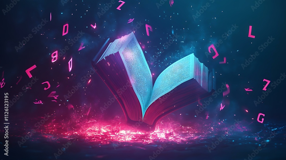Open book with glowing light and floating letters symbolizing education and knowledge Stock ...