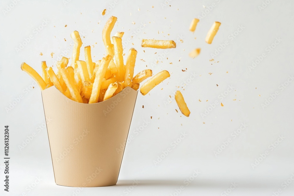 crispy French fries in a cardboard cup explode from the inside, and ...