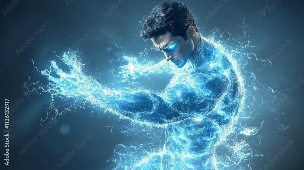 Electrifying Power: A muscular man, radiating blue energy, embodies raw ...