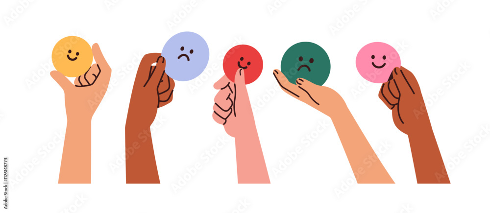Hand holding emoji, happy and sad face expressions, showing positive ...