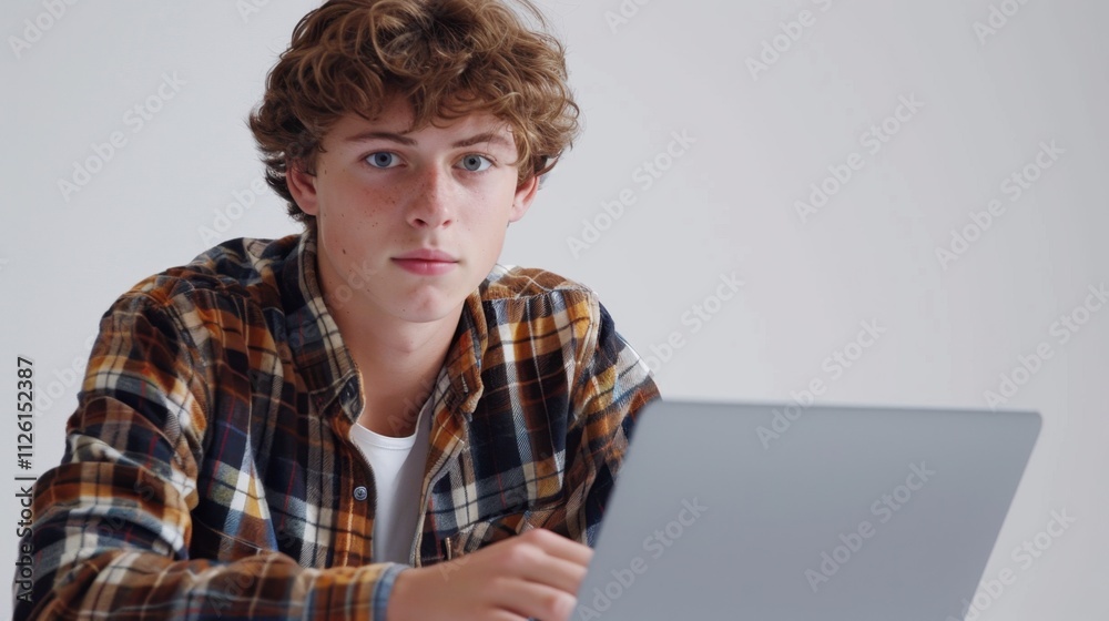 Serious high school student working on a laptop, white background for ...
