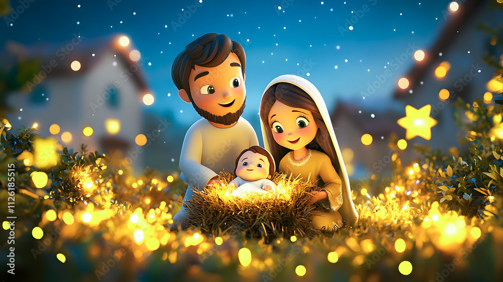 Boho style painting representing Nativity scene in Bethlehem. Christmas ...