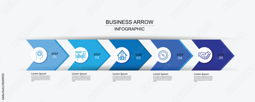 Arrow business model with 5 successive steps. Five blue rectangular ...