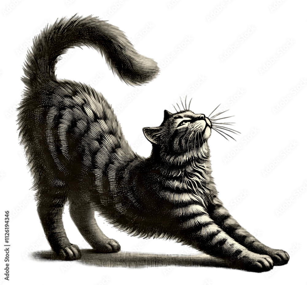 Vintage stretching cat illustration, vintage cat engraving with ...