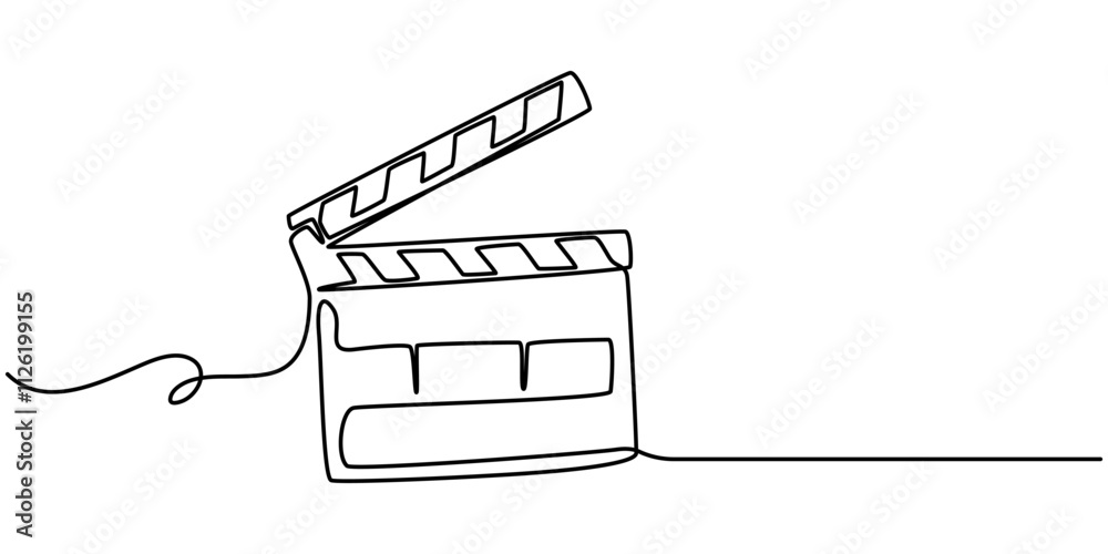 One continuous line drawing of clapper board. Action movie scene and ...