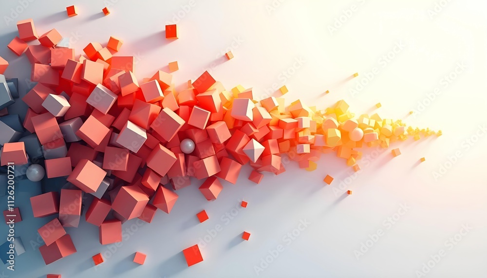 A complex arrangement of three-dimensional geometric shapes, each with ...