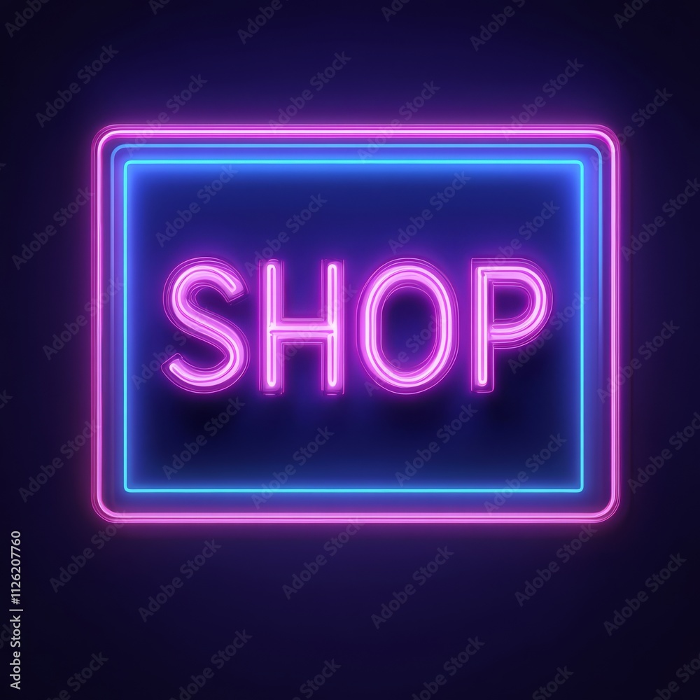 Neon Shop Sign: A vibrant, glowing pink neon sign with a blue border ...