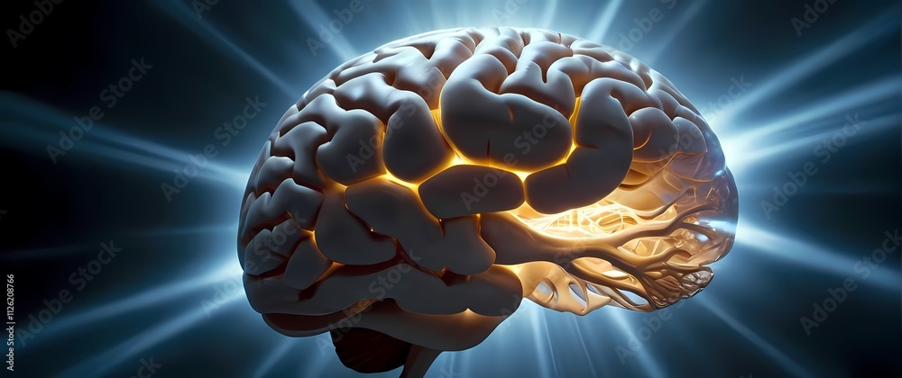 Brain cracking open like an eggshell with streams of light emerging ...