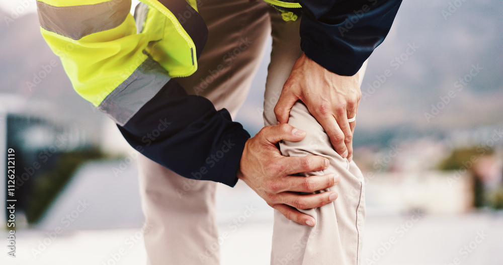 Person, architect and hands with knee pain for injury, construction ...
