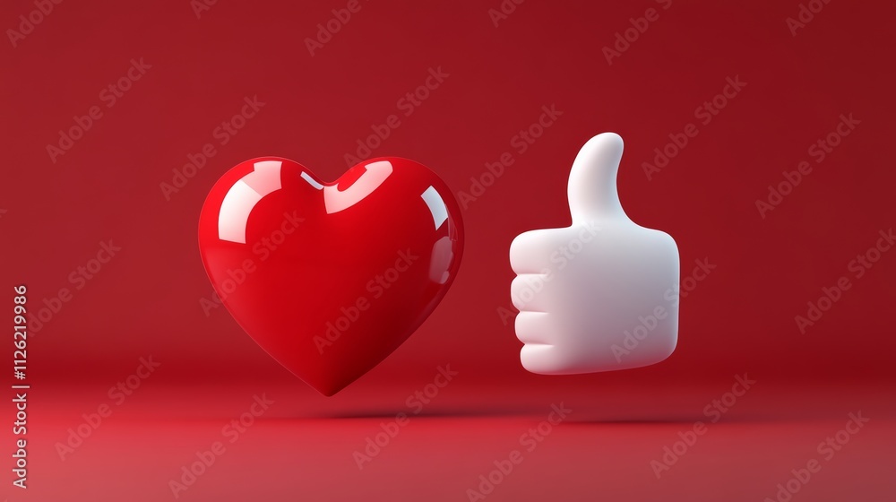 Heart and a thumbs up sign are shown on a red background. The image ...