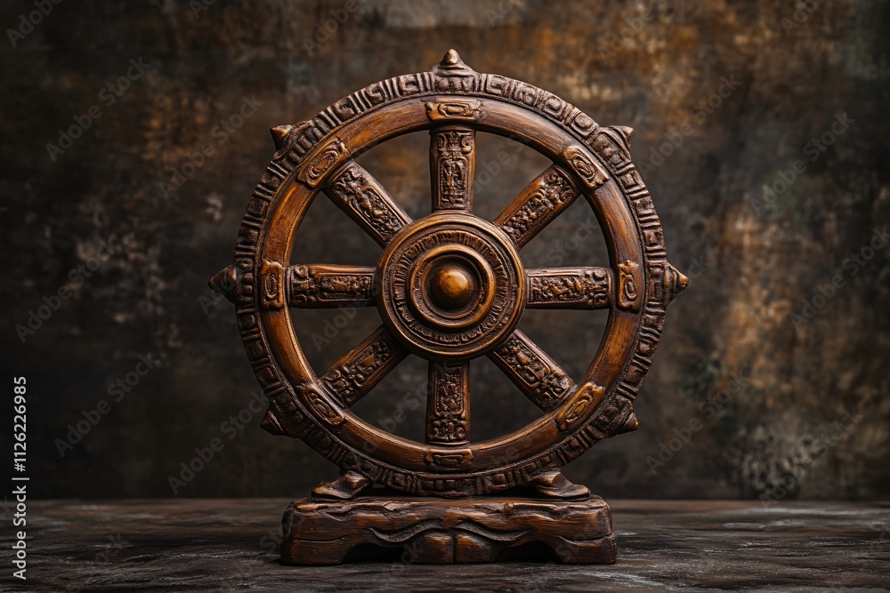 Wooden dharma wheel, a symbol of buddhism, standing on a dark surface ...