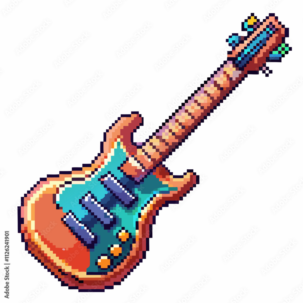 Retro Pixel Art Electric Guitar Illustration Vibrant 8 bit Musical ...