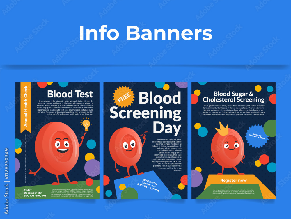 Promotional banners for blood test and screening events featuring ...