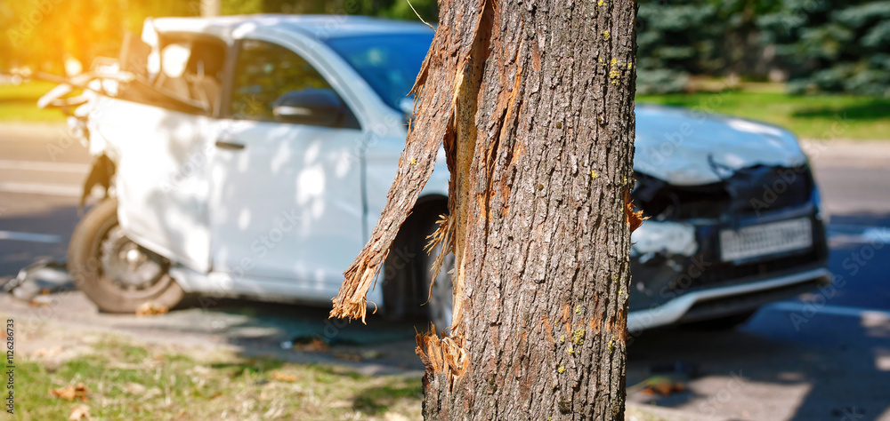 Car accident, tree with visible bark damage and vehicle extensive front ...