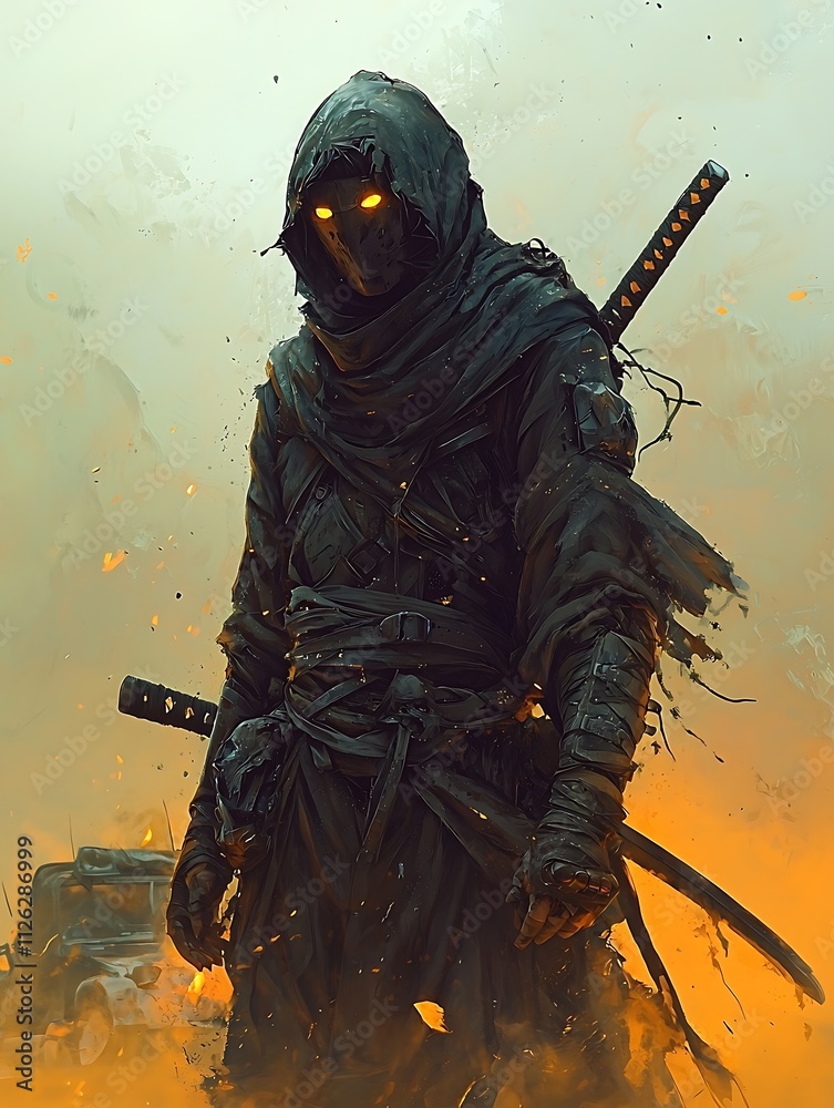 Mysterious hooded ninja warrior with glowing eyes standing amidst fiery smoke and wreckage ...