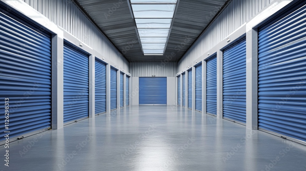 Foto de Stock Modern storage unit interior with blue roller shutters ...