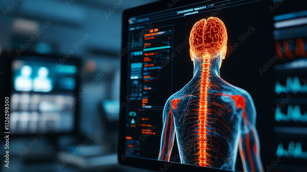 Visualization of the human nervous system displayed on computer screen ...