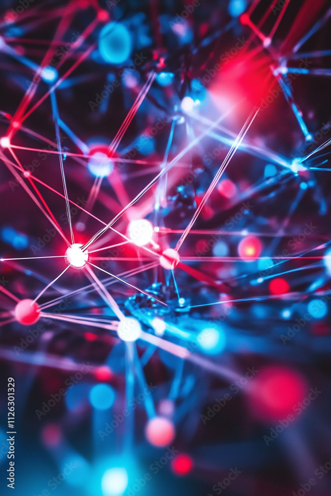 Red and blue signal intersections creating neural network visualization light particles emission ...