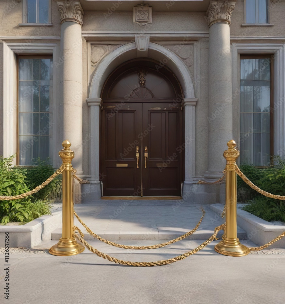 Gold rope barrier surrounding the entrance to a luxury mansion , high ...
