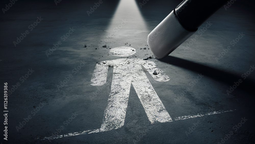 Chalk figure partially erased by an eraser symbolizes the impact of ...