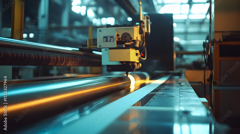 Large format printing machine in operation within an industrial setting. Stock Photo | Adobe Stock