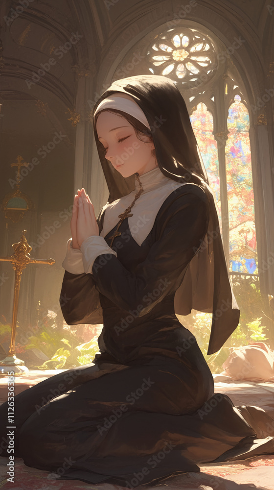 sexy kawaii and cute Faithful young Catholic nun prays with cross ...