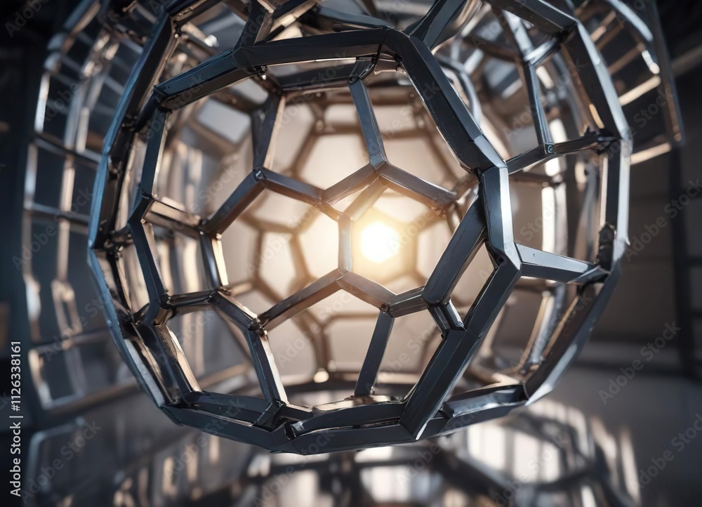 Hexagonal metallic structure against a bright light source, hexagonal ...