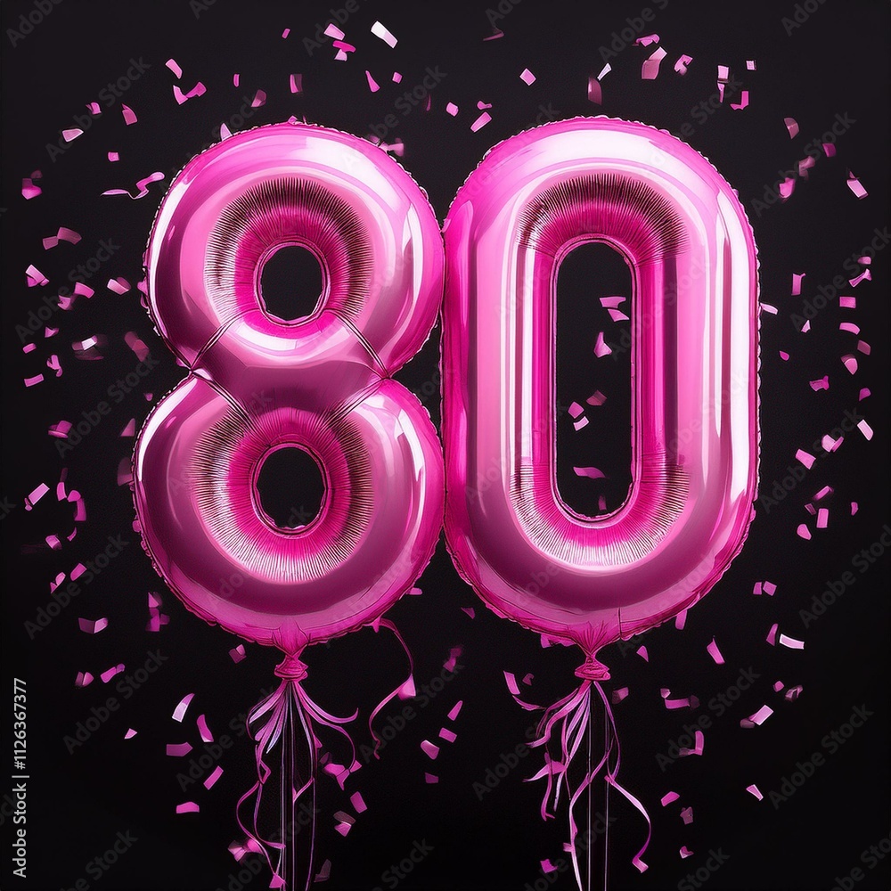Pink birthday / anniversary balloon, number 80, black background with ...