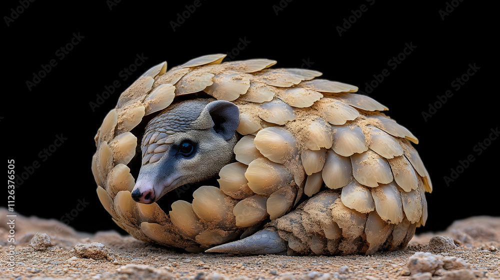 Pangolin curled in a ball, its scales visible, against a black ...