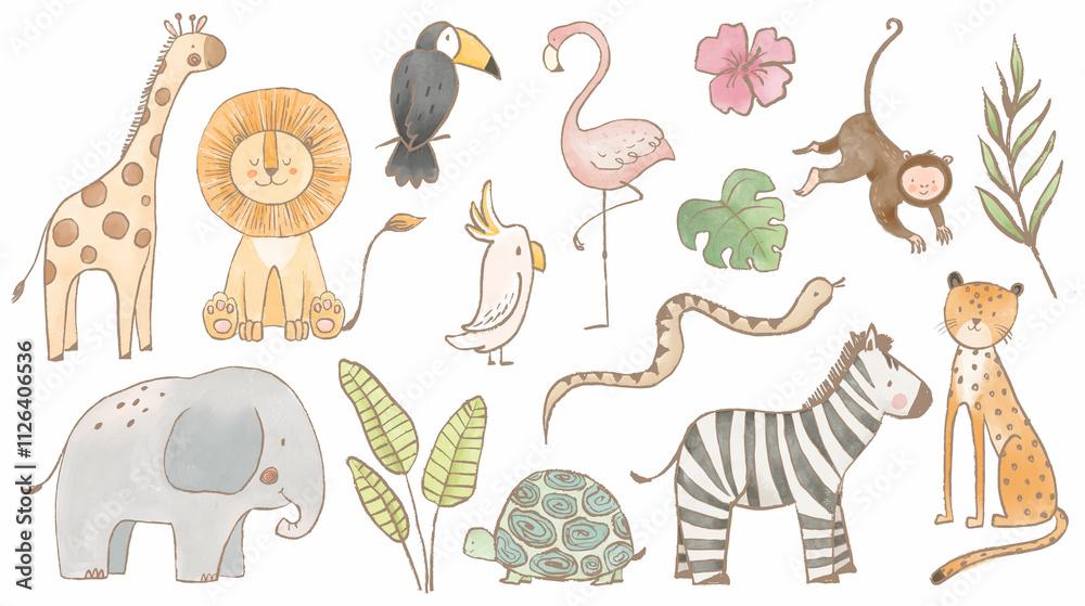 Beautiful stock illustrations set with cute lion zebra toucan elephant ...