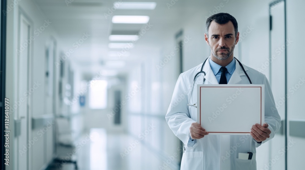 Doctor in White Lab Coat Holding Warning Sign in Hospital Corridor ...