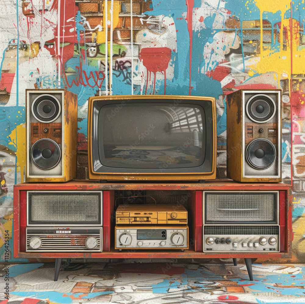 Vintage console tv set and radio with mesh speakers on each side, with ...
