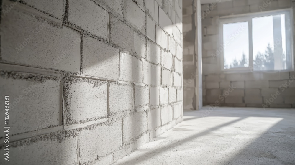 Interior of a new apartment with unrenovated foam and cinder block ...