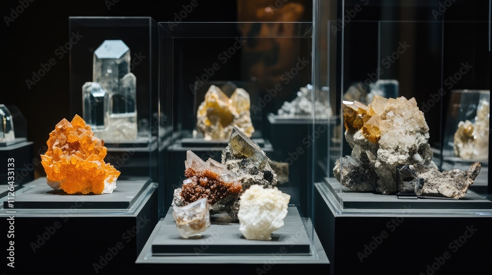 Display of various minerals and crystals showcased in glass cases at a ...