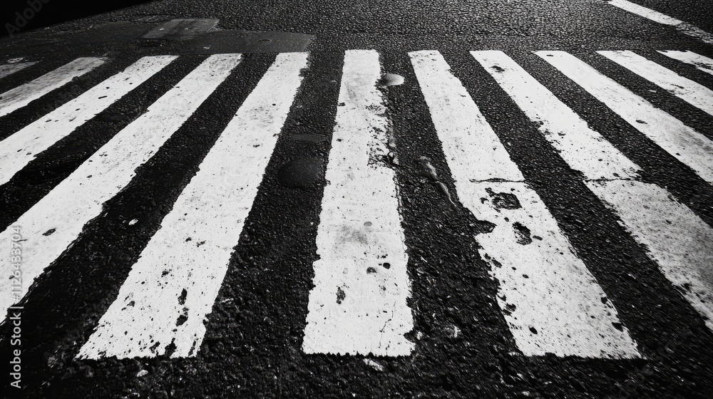 Black and white close-up of weathered striped asphalt speed bump with ...