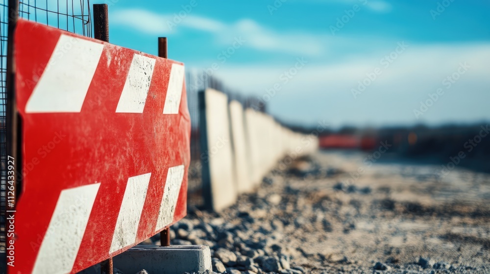Construction site security barrier with bright red warning signs under ...
