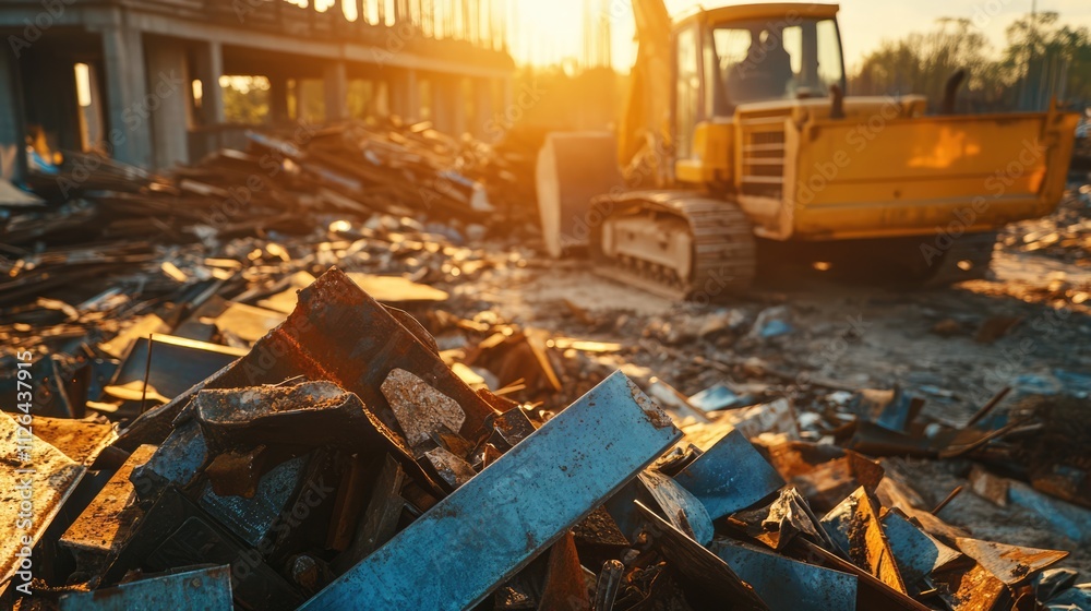 Scrap metal piles at a construction site being processed for recycling ...