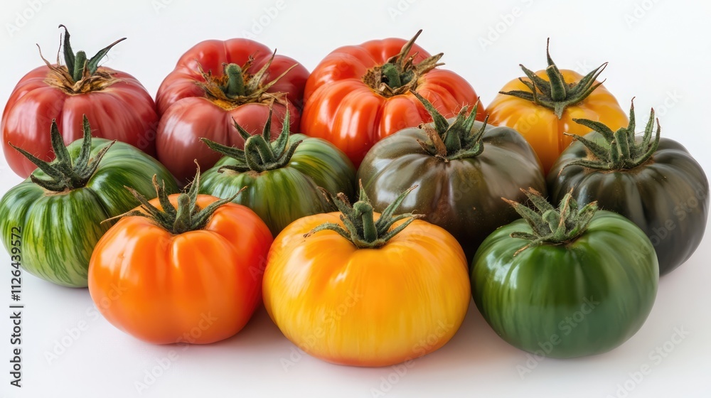 variety of ripe heirloom tomatoes arranged on a white background ...