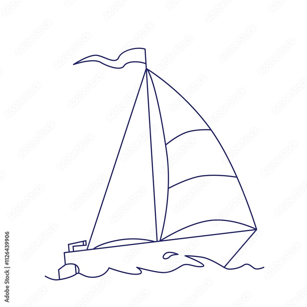 Sailing yacht floats on waves. Side view. Small ship for recreation and ...