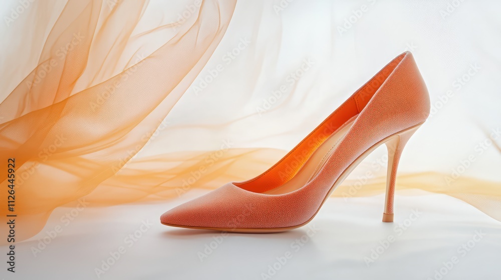 Elegant peach high heel shoe on a white background with soft fabric ...
