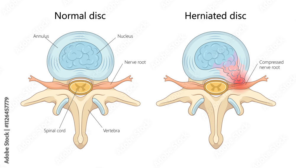 normal spinal disc and a herniated disc with compressed nerve root ...